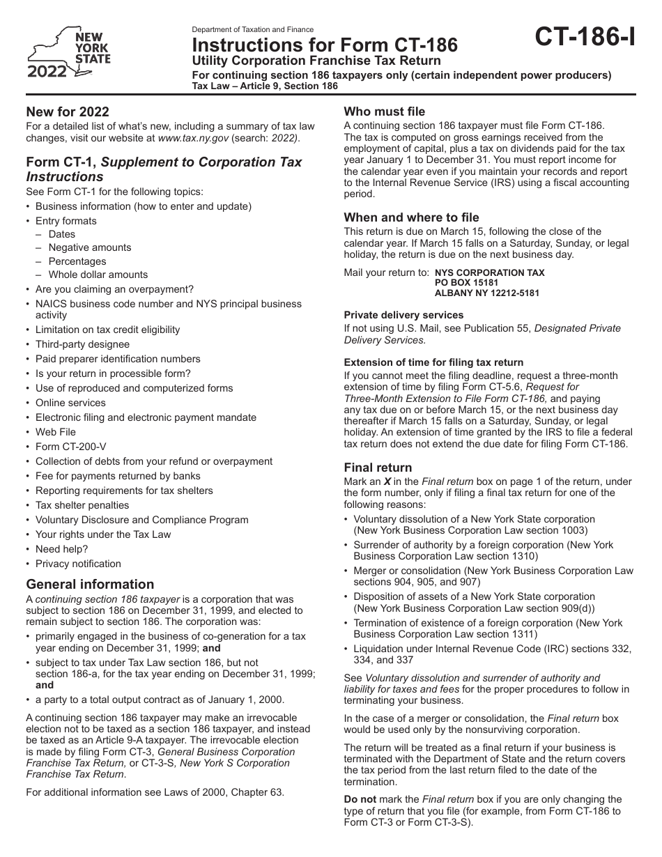 Download Instructions for Form CT-186 Utility Corporation Franchise Tax ...