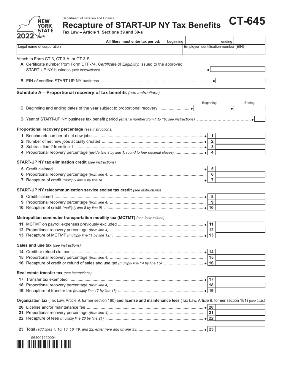 Form CT-645 Download Printable PDF or Fill Online Recapture of Start-Up ...