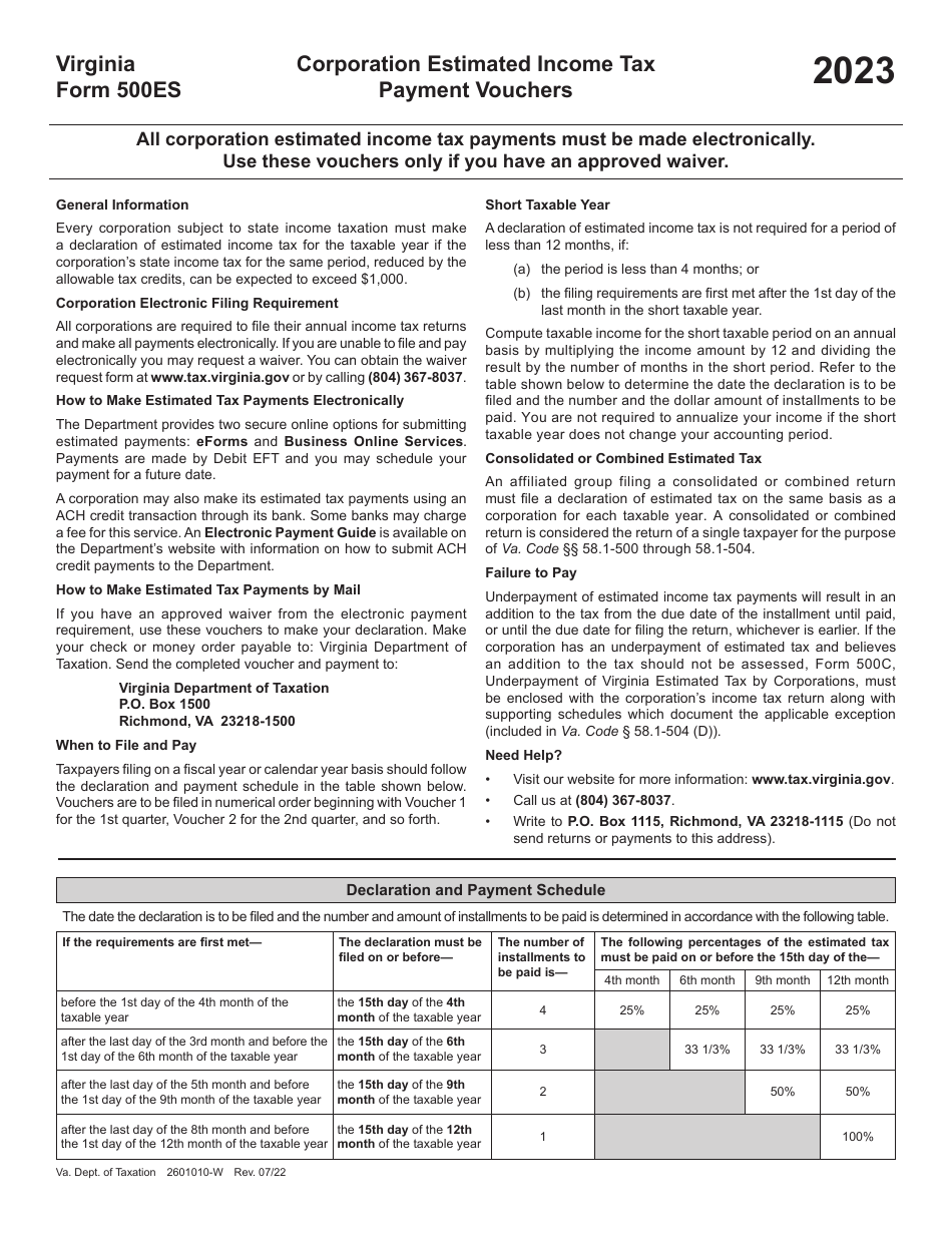Form 500ES Download Fillable PDF or Fill Online Corporation Estimated ...
