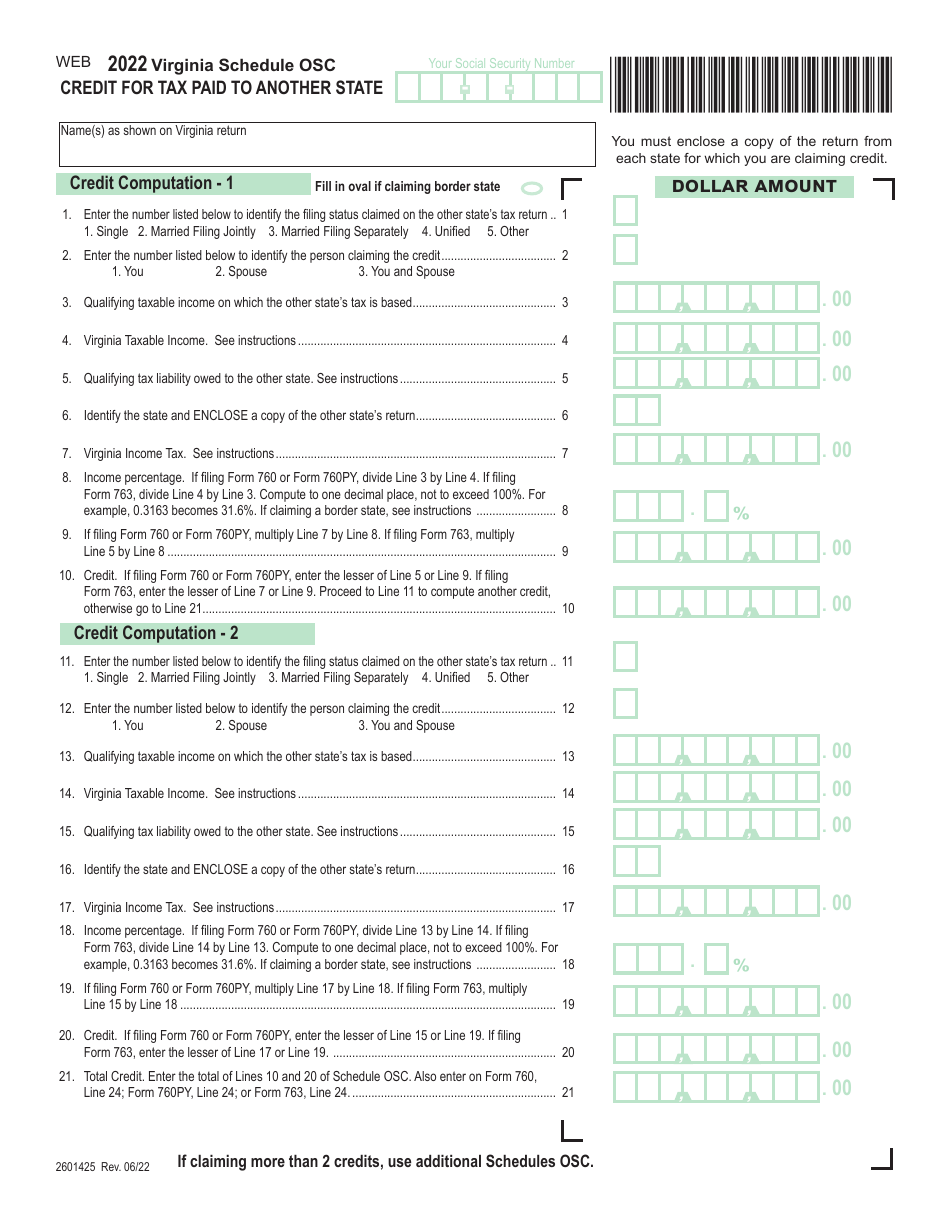 Schedule OSC Download Fillable PDF or Fill Online Credit for Tax Paid ...