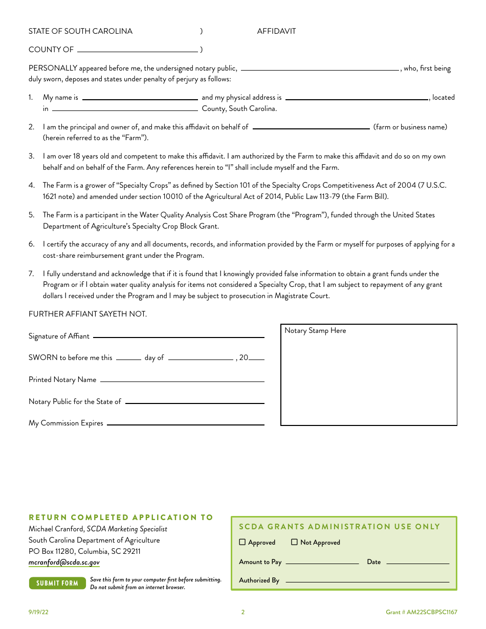 South Carolina Participant Application Water Quality Analysis Cost
