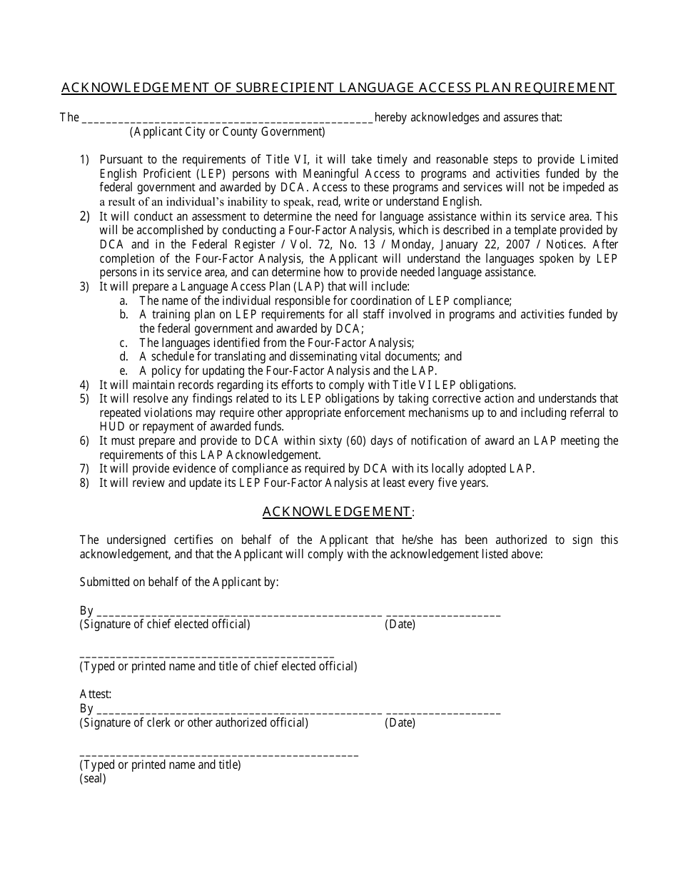 Georgia (United States) Acknowledgement of Subrecipient Language Access ...