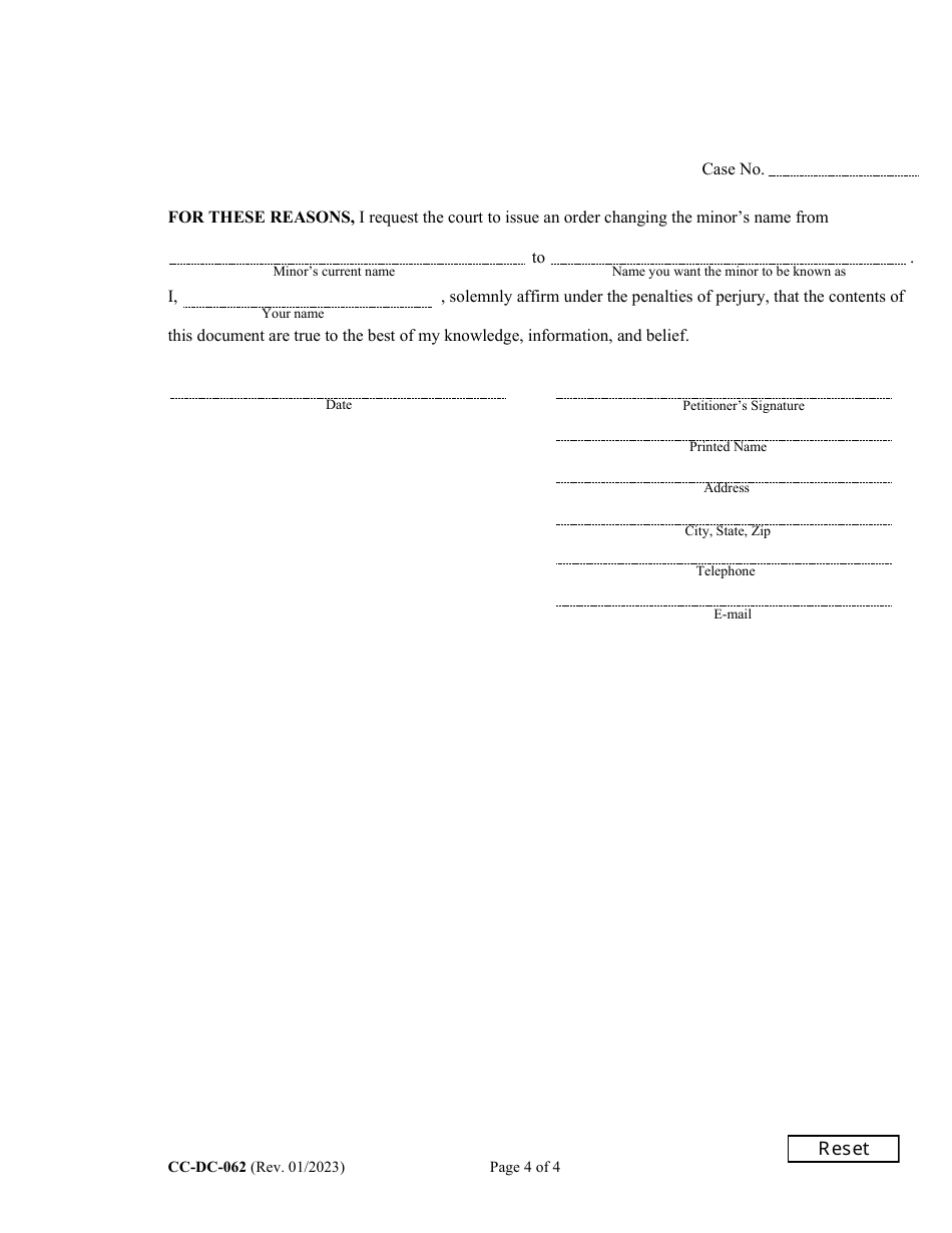 Form CC DR 062 Download Fillable PDF Or Fill Online Petition For Change 