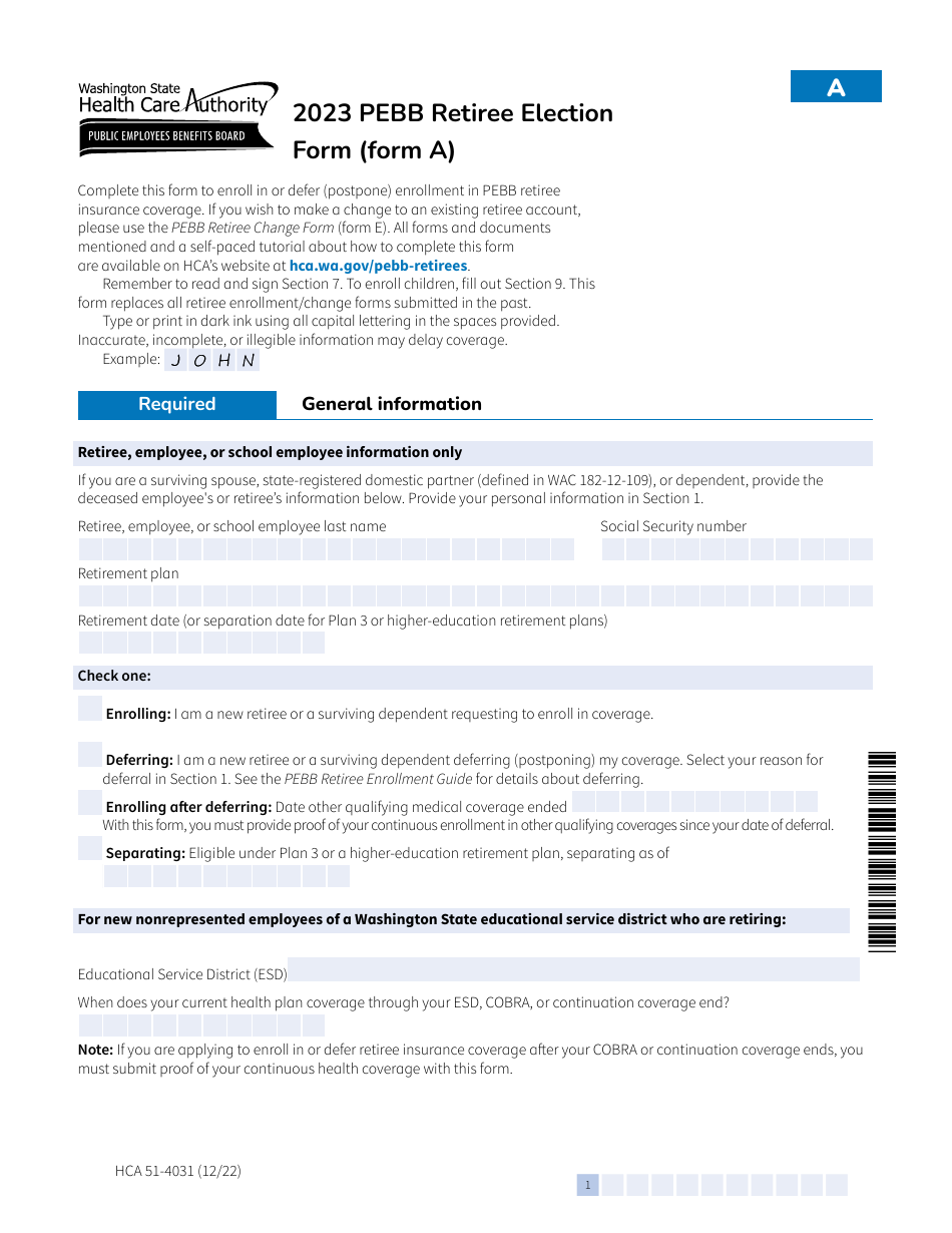 Form A (HCA51-4031) Download Fillable PDF or Fill Online Pebb Retiree ...
