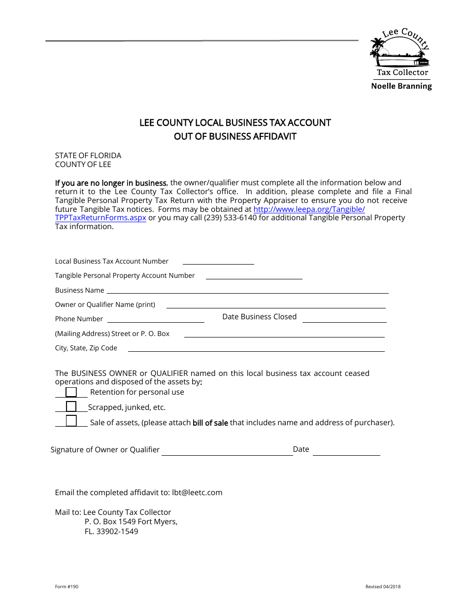 Form 190 - Fill Out, Sign Online and Download Fillable PDF, Lee County ...