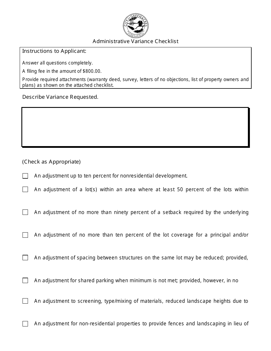 City of Greenacres, Florida Administrative Variance Checklist - Fill ...