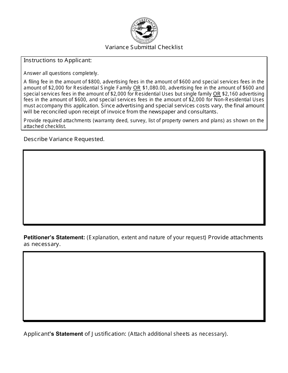 City of Greenacres, Florida Variance Submittal Checklist - Fill Out ...