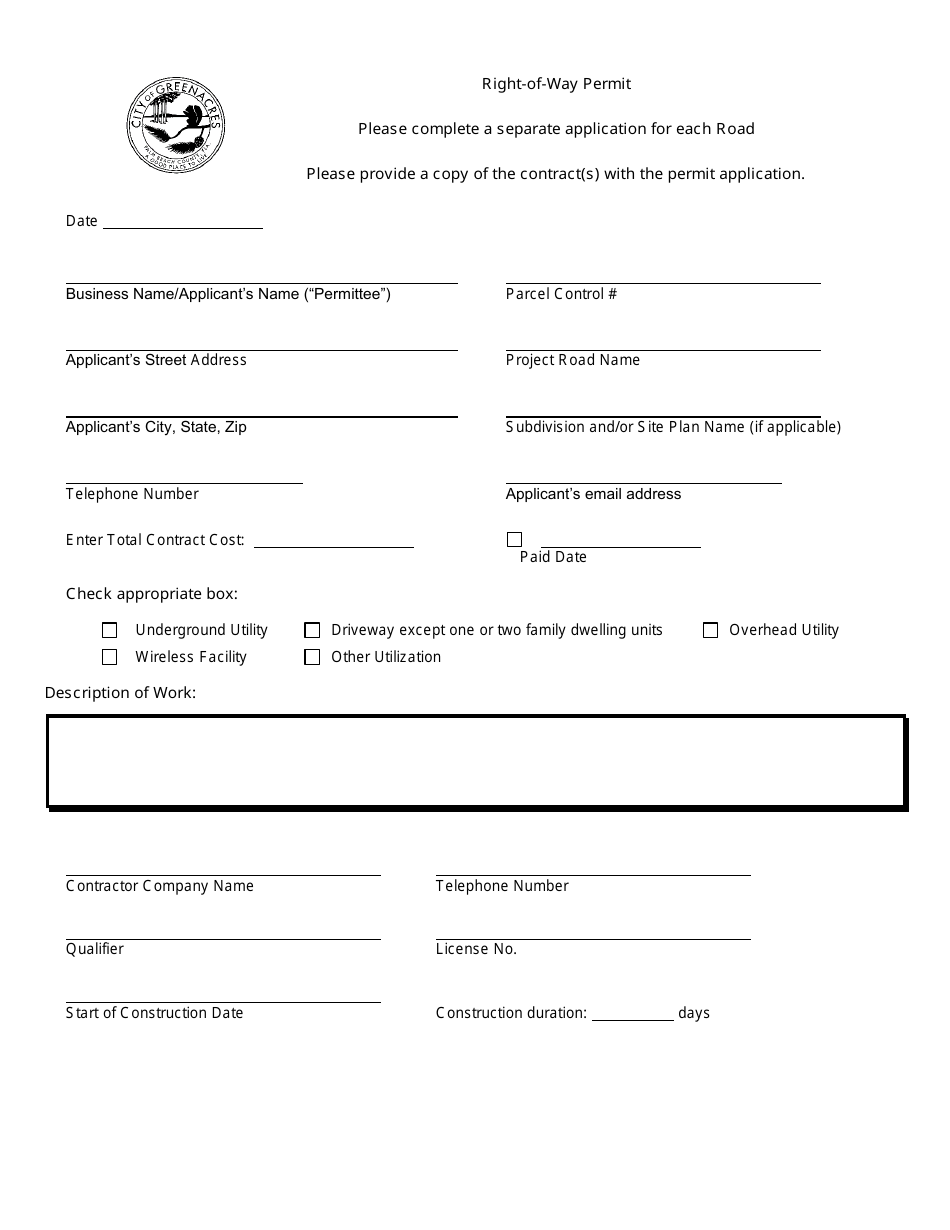 City of Greenacres, Florida Right-Of-Way Permit - Fill Out, Sign Online ...