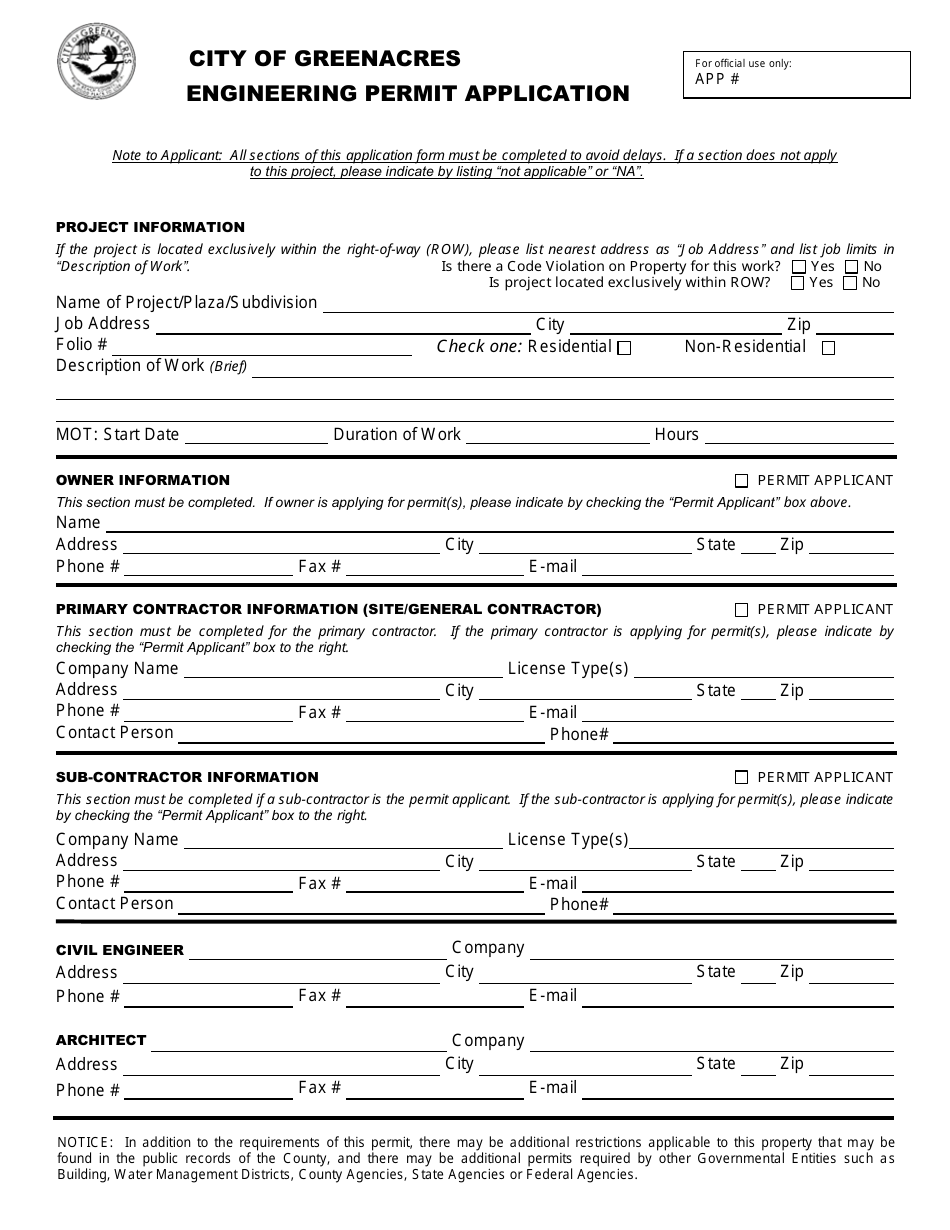 City of Greenacres, Florida Engineering Permit Application - Fill Out ...