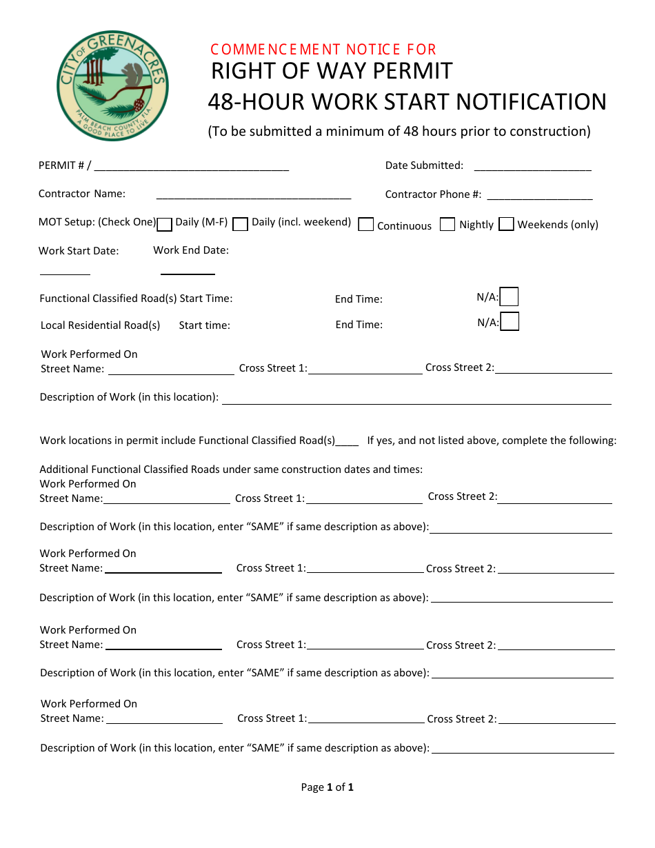 City of Greenacres, Florida Right of Way Permit 48-hour Work Start ...