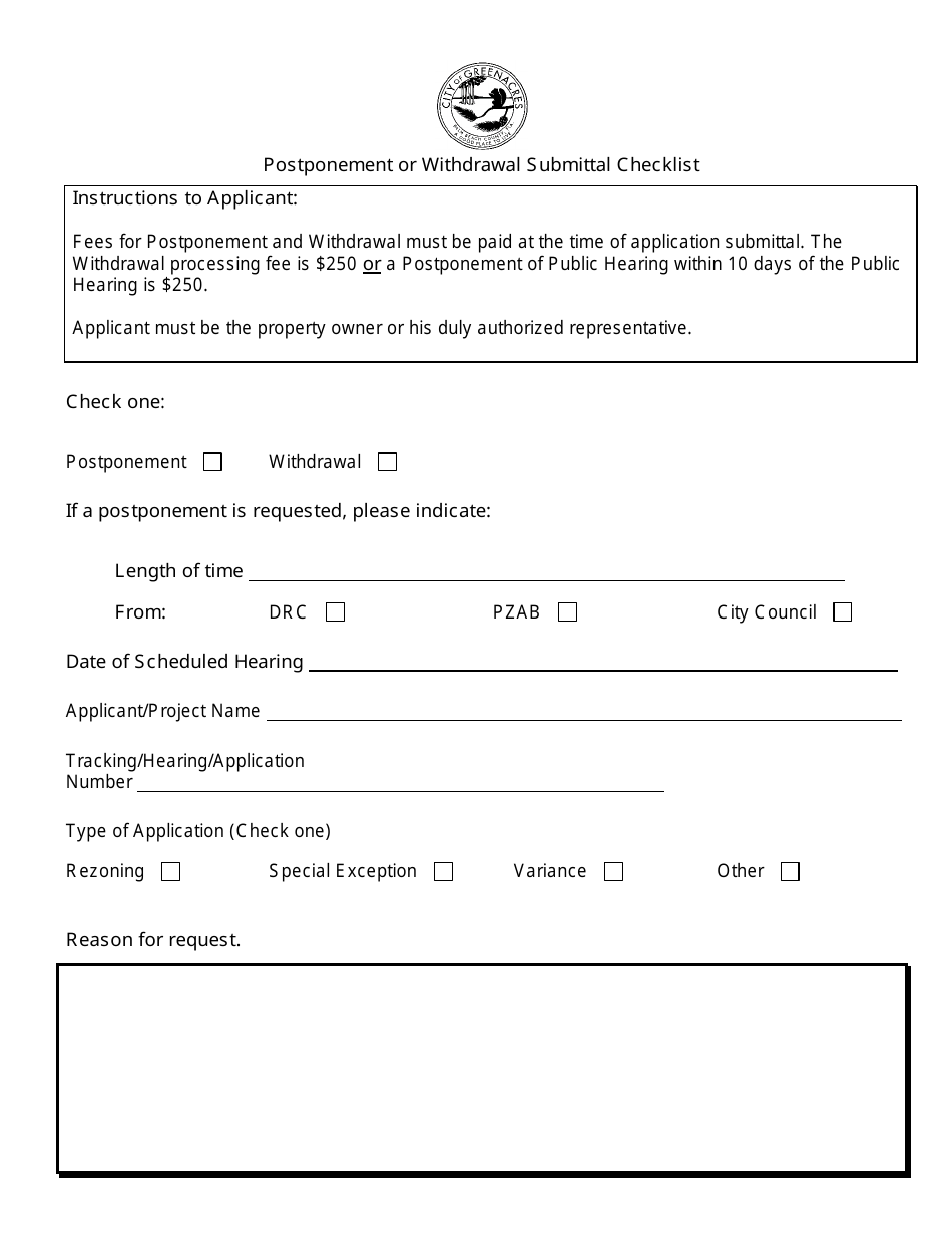 City of Greenacres, Florida Postponement or Withdrawal Submittal ...