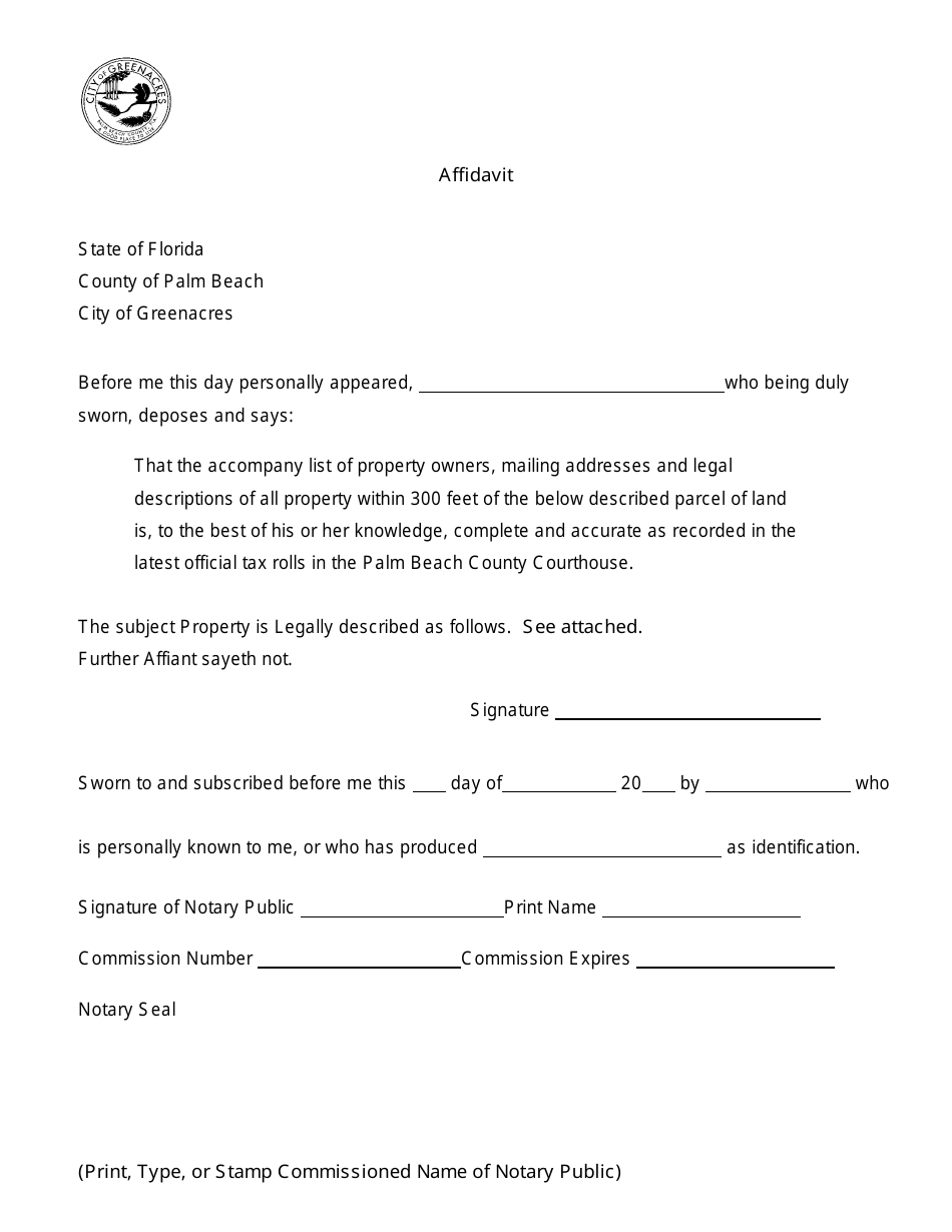 City of Greenacres, Florida Affidavit for Mailing - Fill Out, Sign ...