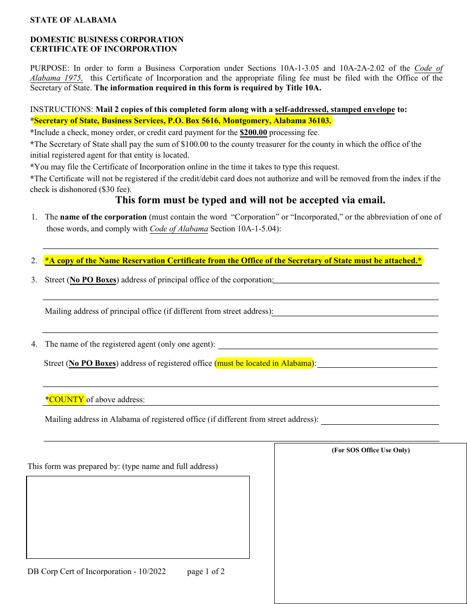 Alabama Domestic Business Corporation Certificate of Incorporation ...