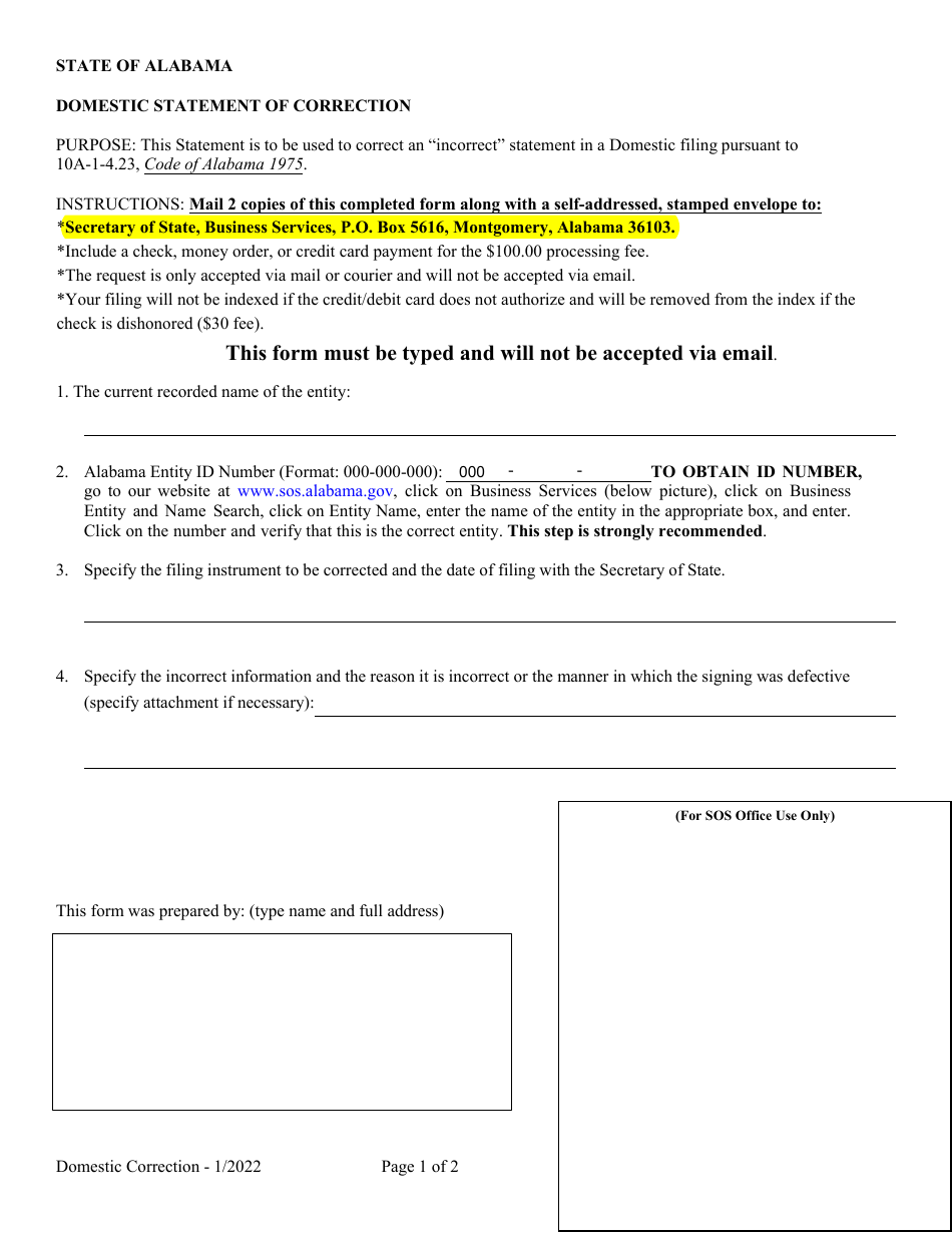 Alabama Domestic Statement of Correction - Fill Out, Sign Online and ...
