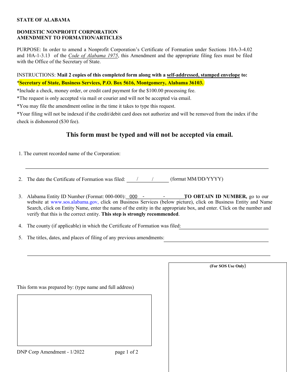 Alabama Domestic Nonprofit Corporation Amendment to Formation/Articles ...