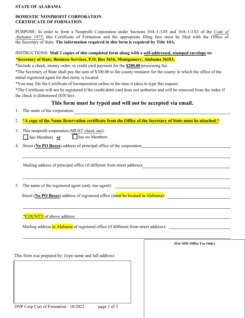 Alabama Domestic Nonprofit Corporation Certificate of Formation ...