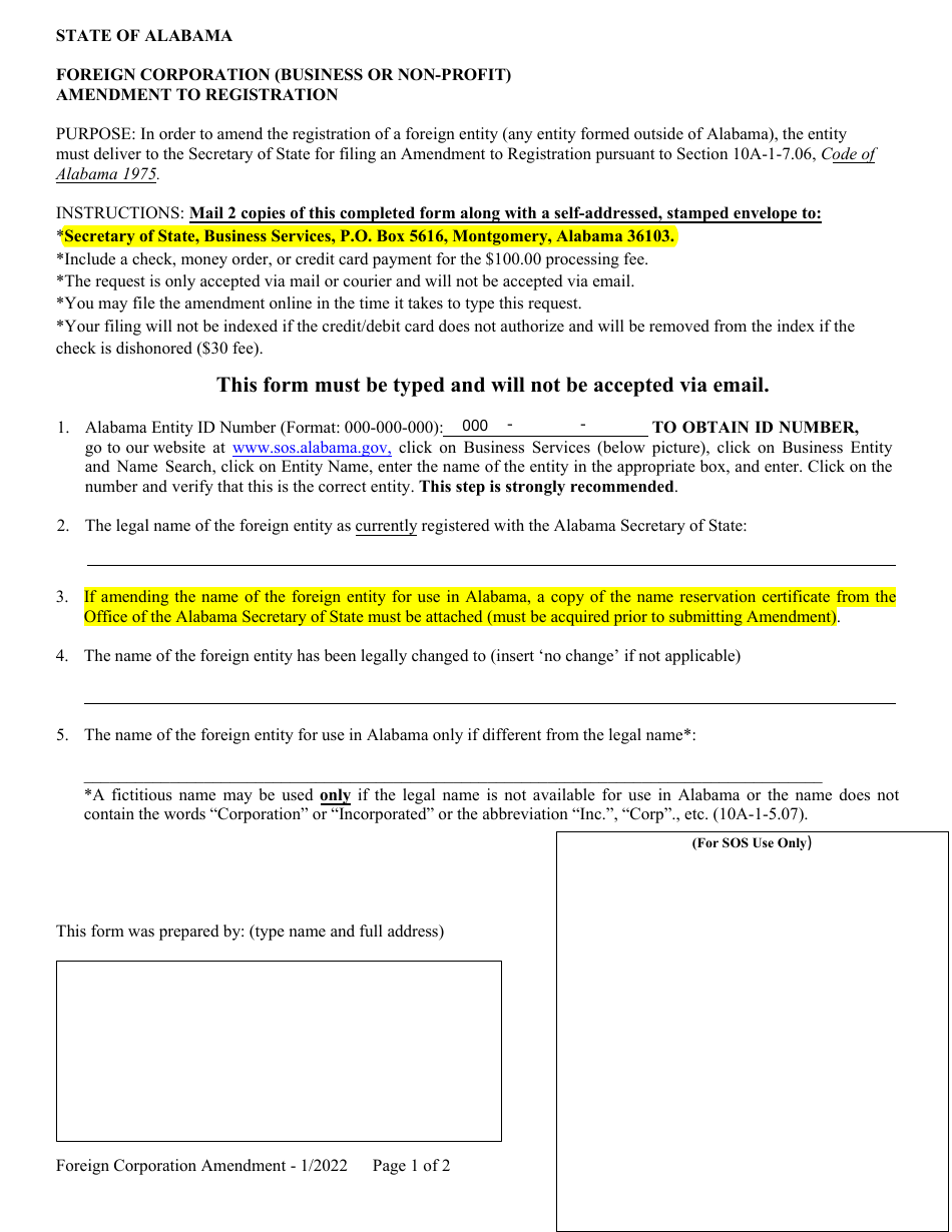 Alabama Foreign Corporation (Business or Non-profit) Amendment to ...