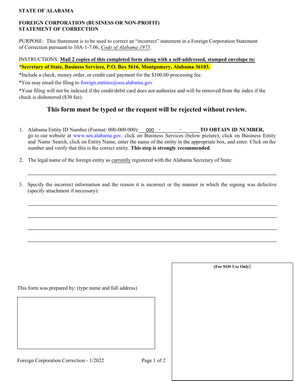 Alabama Foreign Corporation (Business or Non-profit) Statement of ...