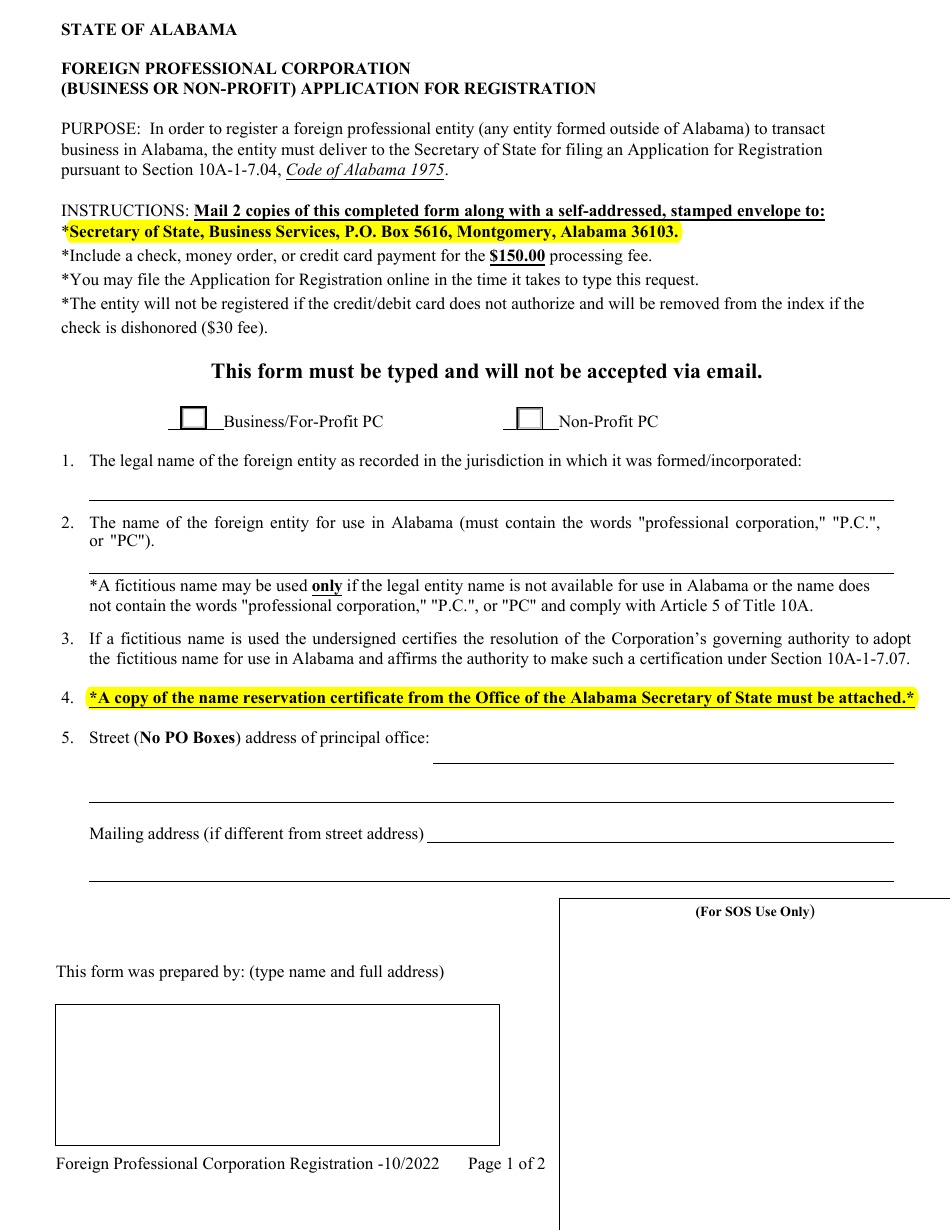 Alabama Foreign Professional Corporation (Business or Non-profit ...