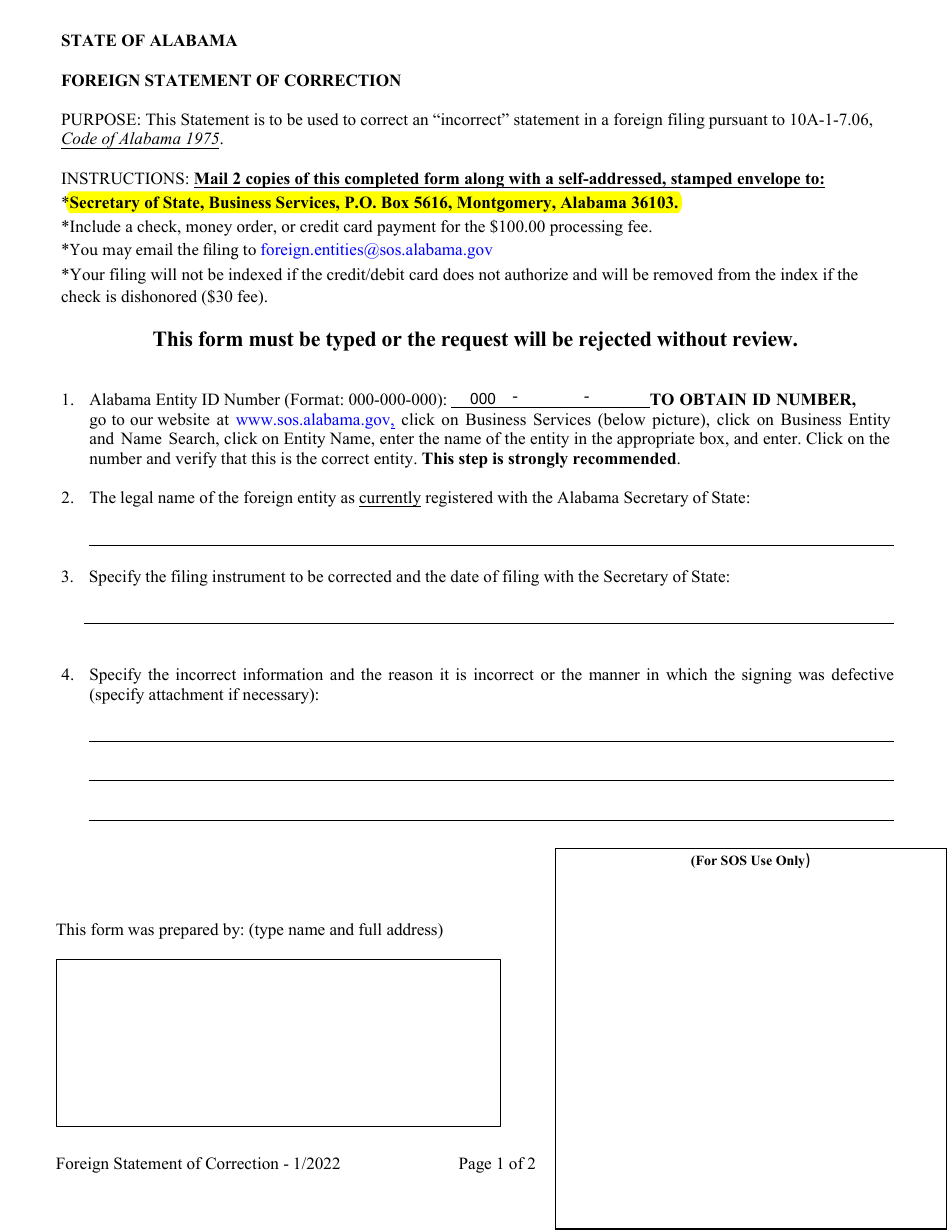 Alabama Foreign Statement of Correction Download Fillable PDF ...