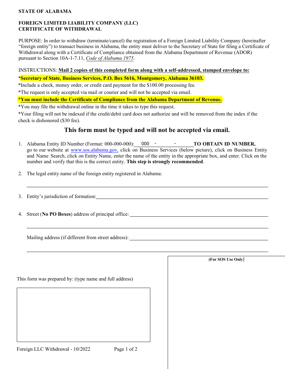 Alabama Foreign Limited Liability Company (LLC) Certificate of ...