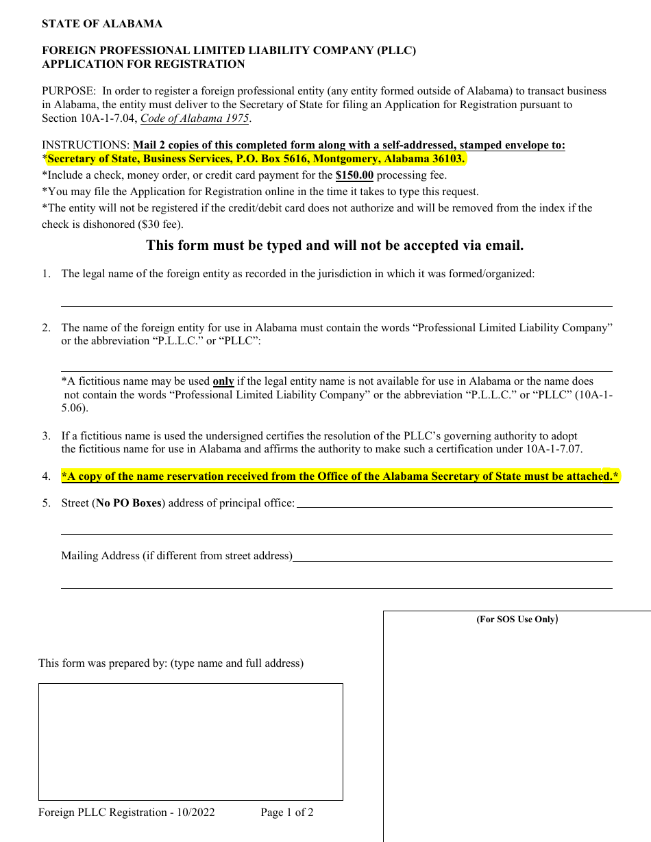 Alabama Foreign Professional Limited Liability Company (Pllc ...