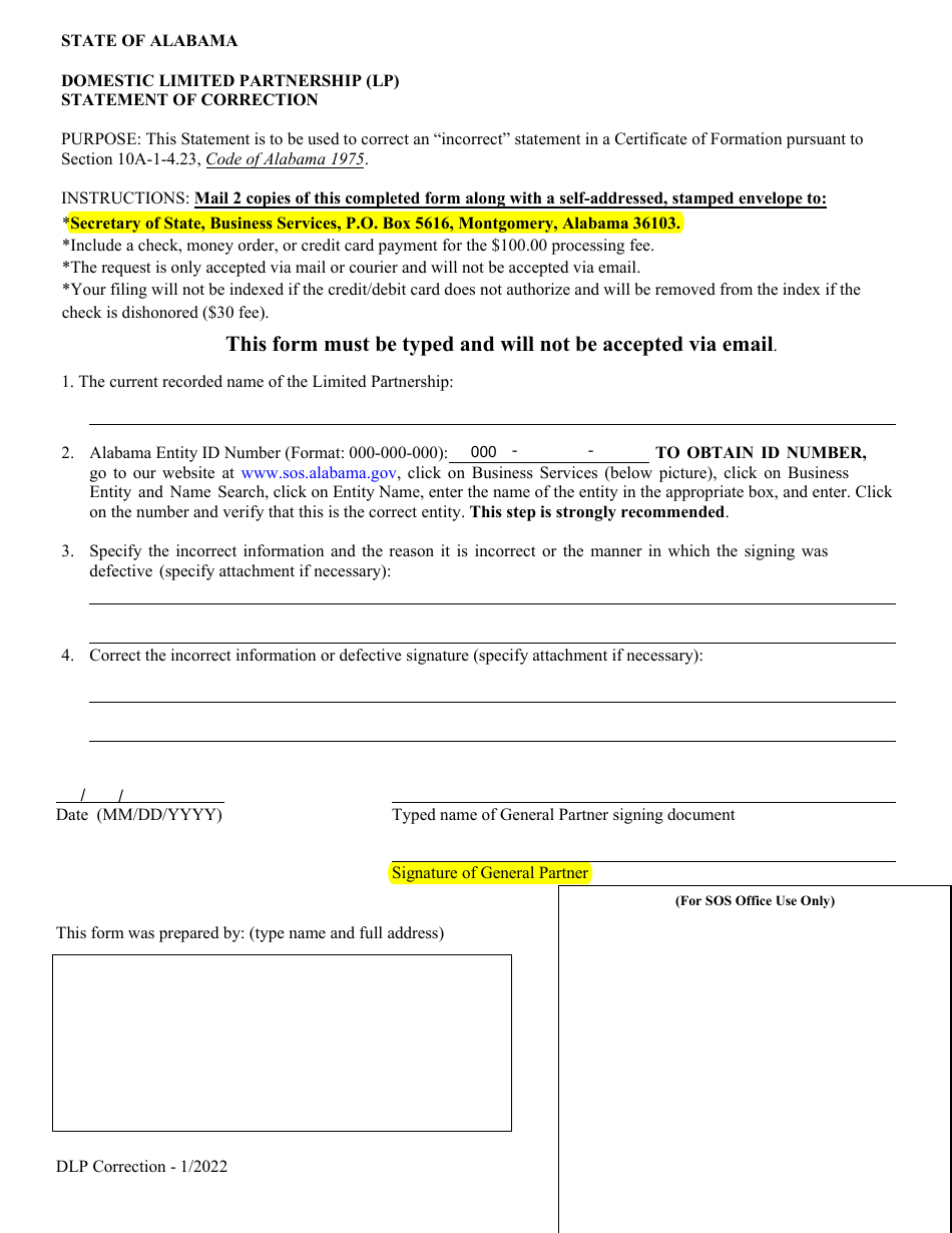 Alabama Domestic Limited Partnership (Lp) Statement of Correction ...