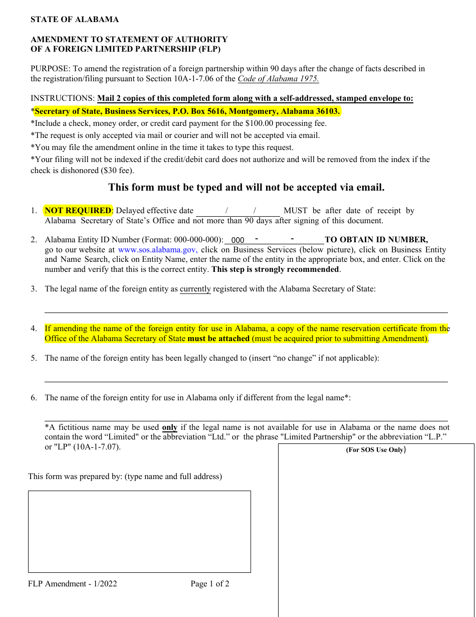 Alabama Amendment to Statement of Authority of a Foreign Limited ...