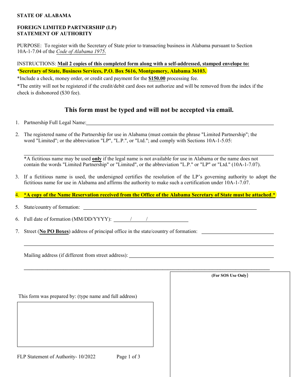 Alabama Foreign Limited Partnership (Lp) Statement of Authority - Fill ...