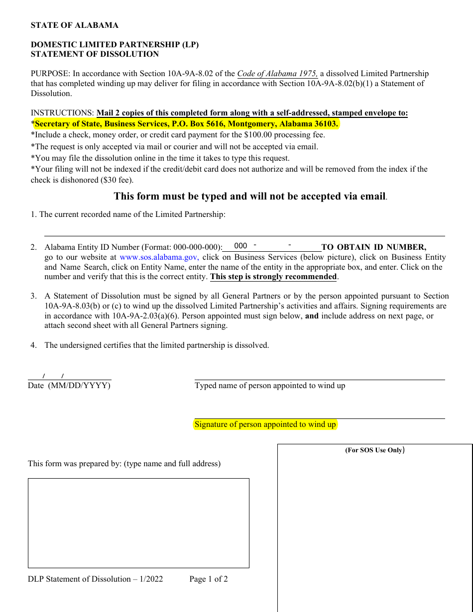Alabama Domestic Limited Partnership (Lp) Statement of Dissolution - Fill Out, Sign Online and ...