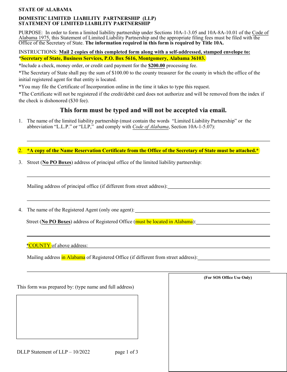Alabama Domestic Statement of Limited Liability Partnership (LLP ...