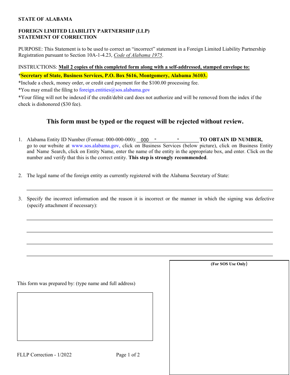 Alabama Foreign Limited Liability Partnership (LLP ) Statement of ...