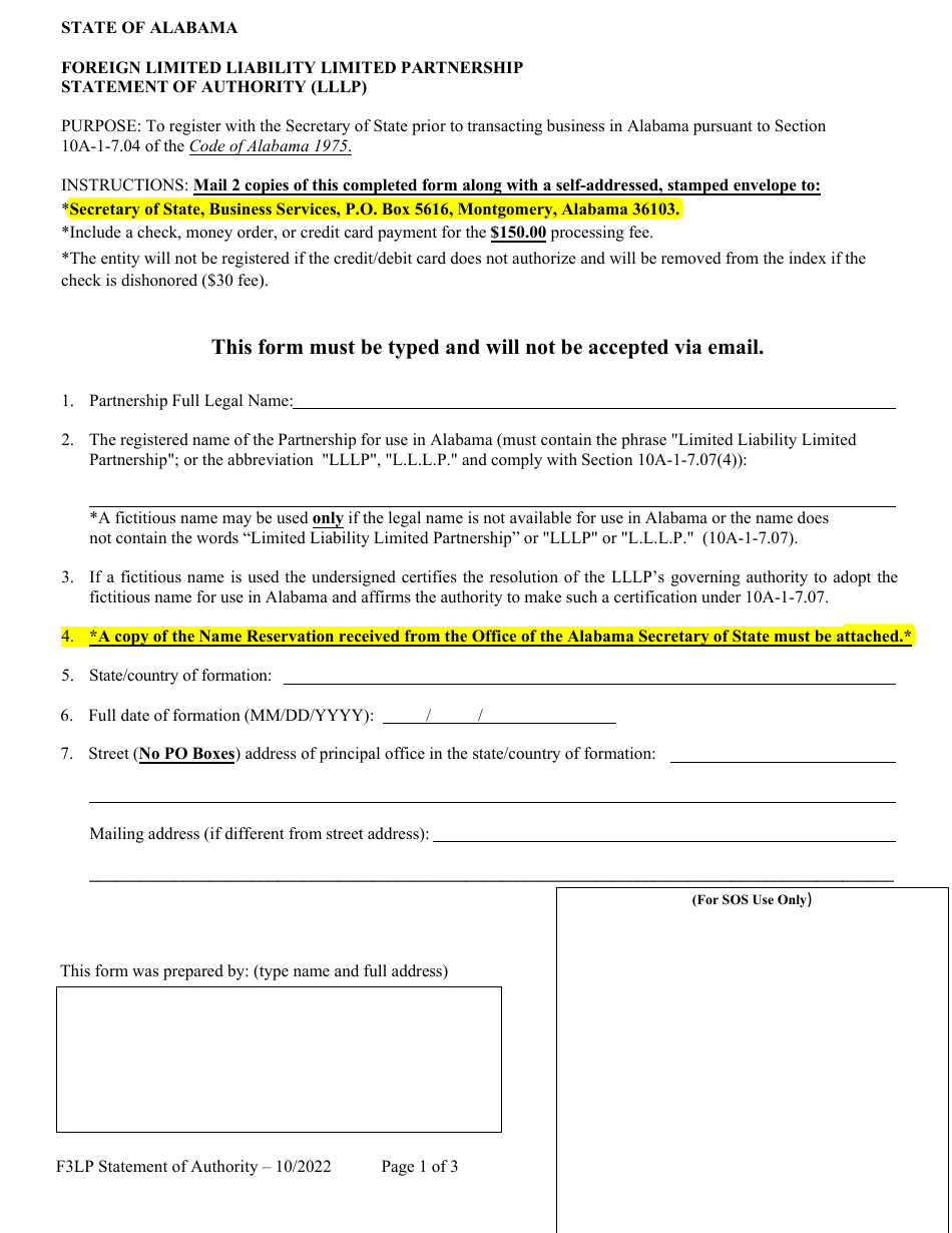 Alabama Foreign Limited Liability Limited Partnership Statement of ...