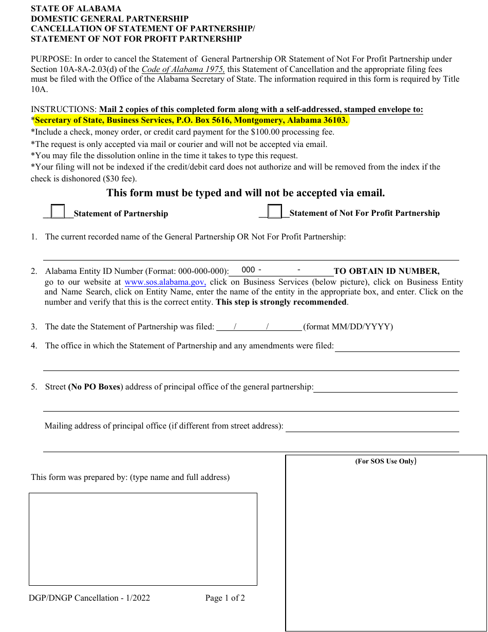 Alabama Domestic General Partnership Cancellation of Statement of ...