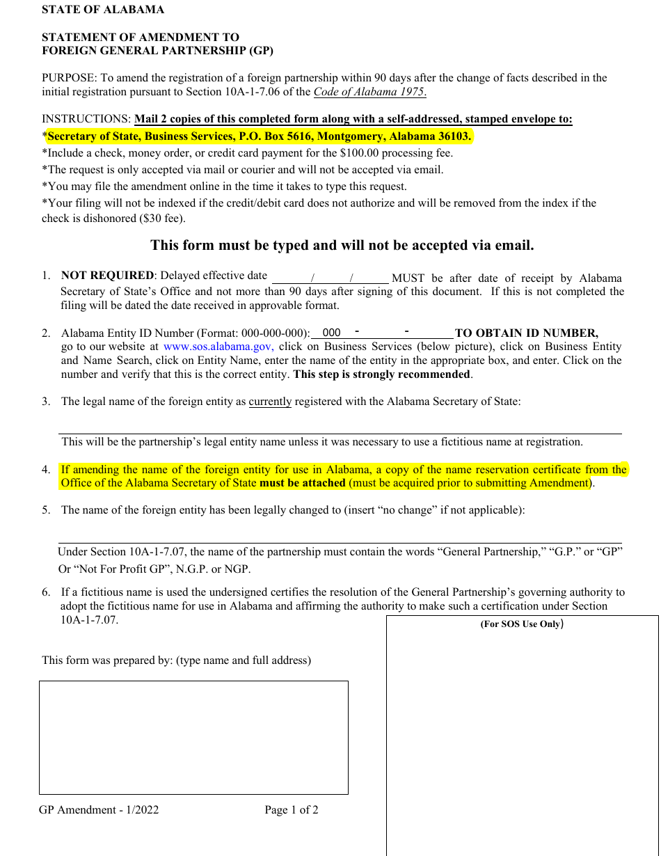 Alabama Statement of Amendment to Foreign General Partnership (Gp ...