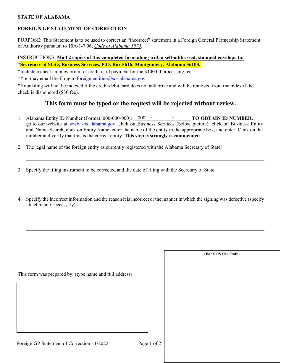 Alabama Foreign Gp Statement of Correction Download Fillable PDF ...