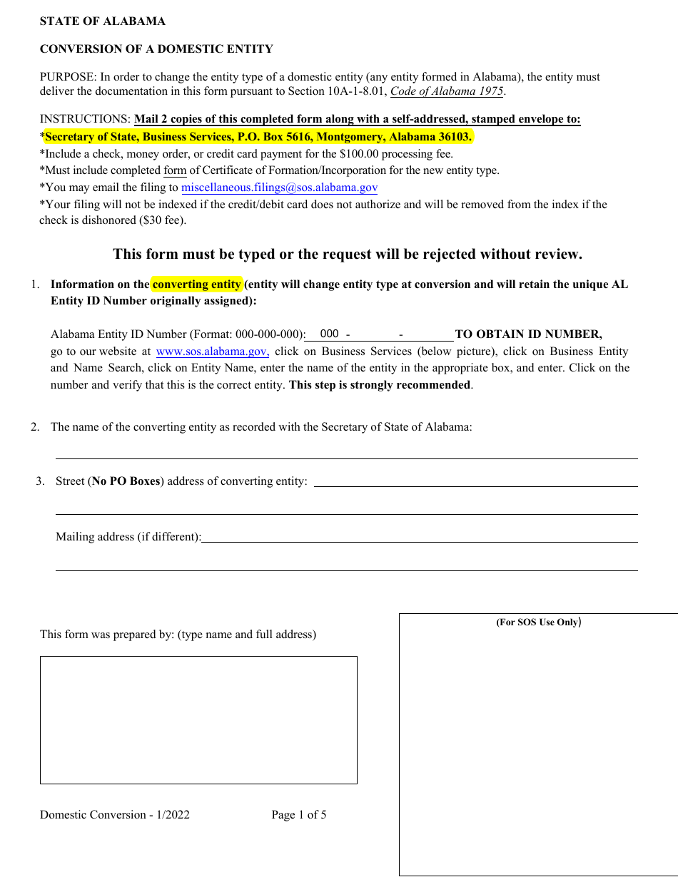 Alabama Conversion of a Domestic Entity - Fill Out, Sign Online and ...