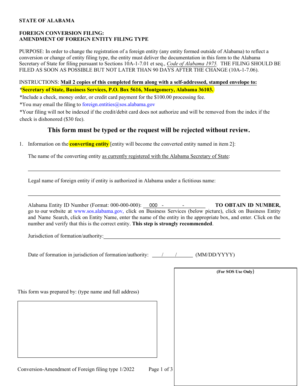 Alabama Foreign Conversion Filing: Amendment of Foreign Entity Filing ...