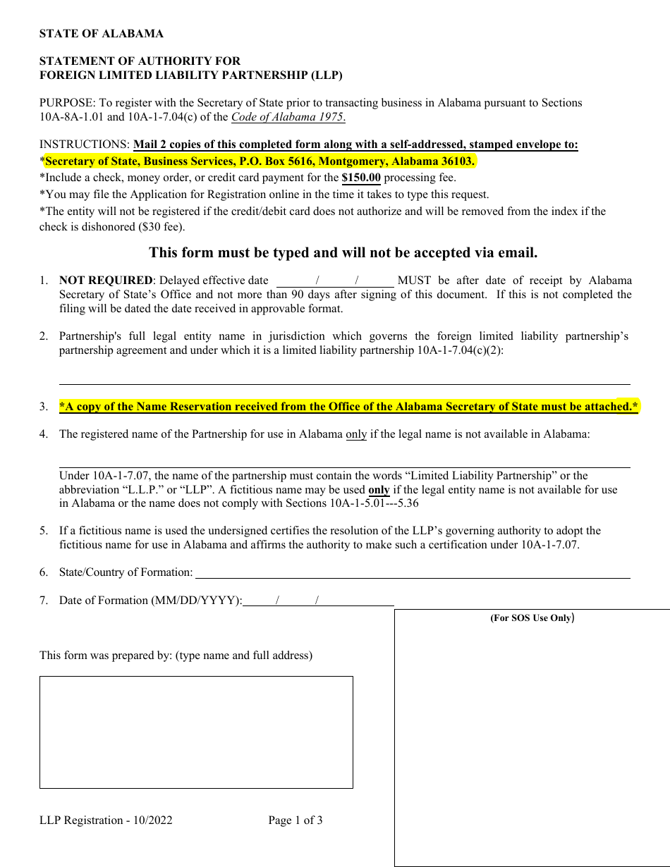 Alabama Statement of Authority for Foreign Limited Liability ...