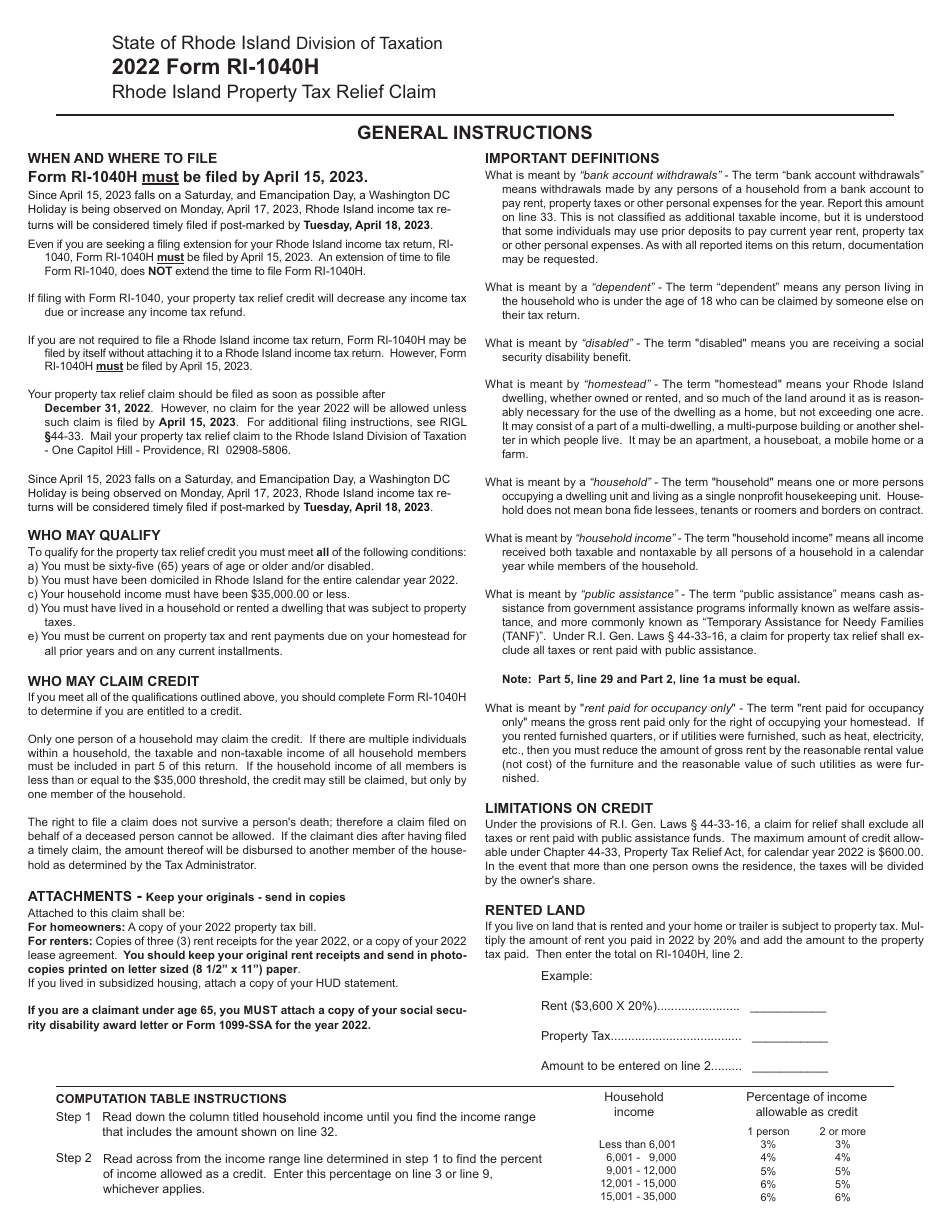 Form RI-1040H Download Fillable PDF or Fill Online Rhode Island ... Form RI-1040H Download Fillable PDF or Fill Online Rhode Island ...