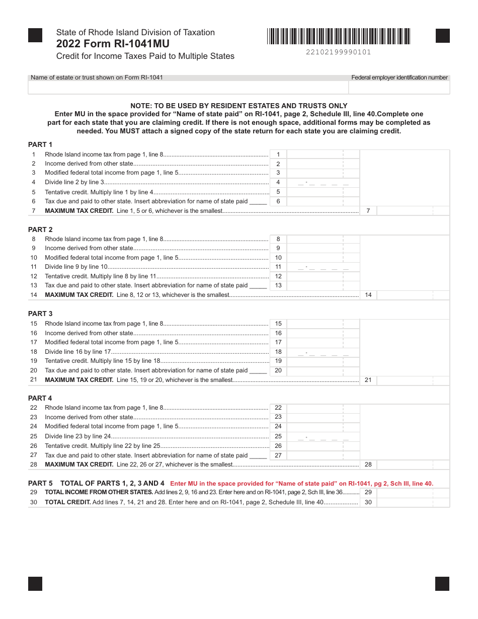 Form RI-1041MU - 2022 - Fill Out, Sign Online and Download Fillable PDF, Rhode Island ...