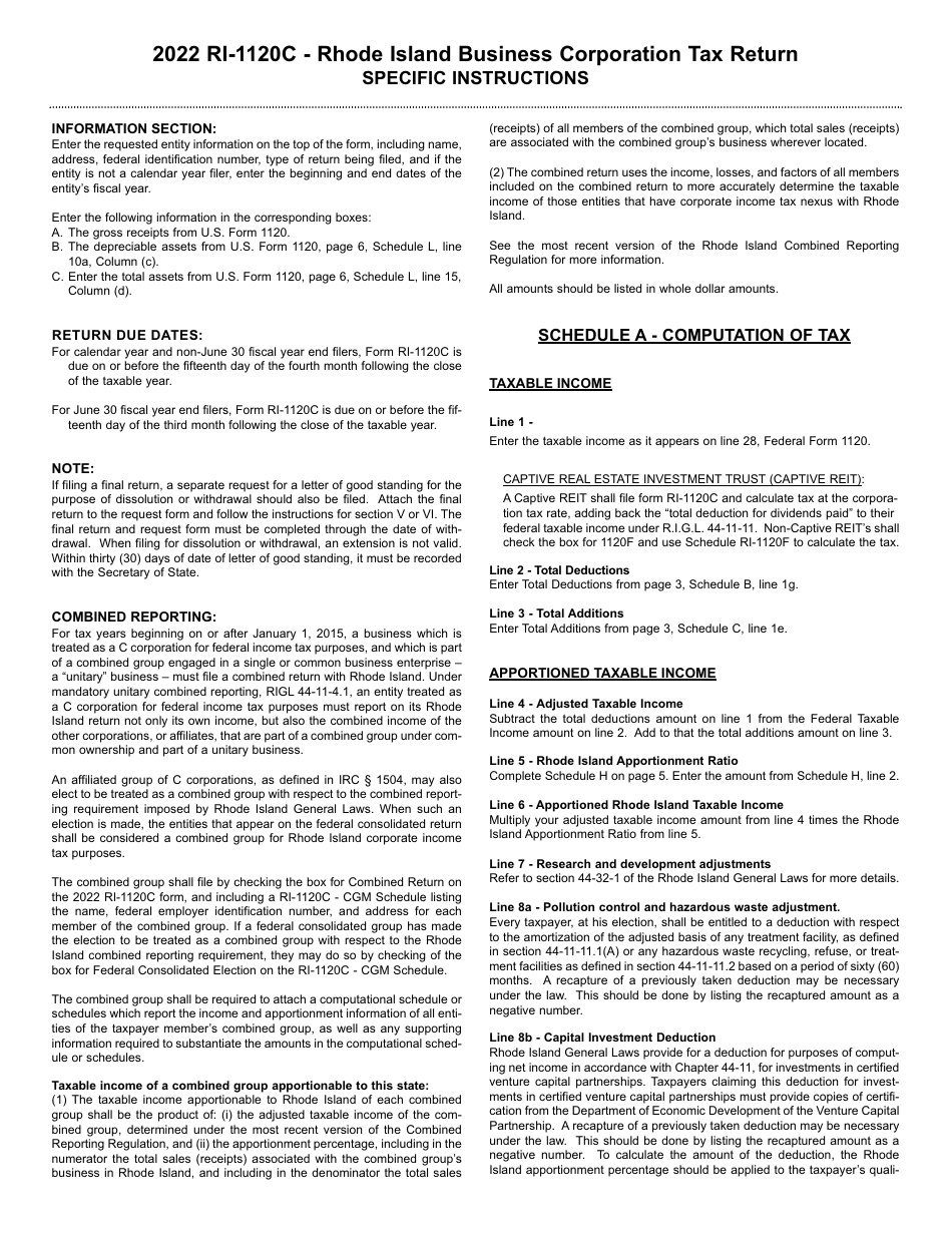 Download Instructions for Form RI-1120C Business Corporation Tax Return ...