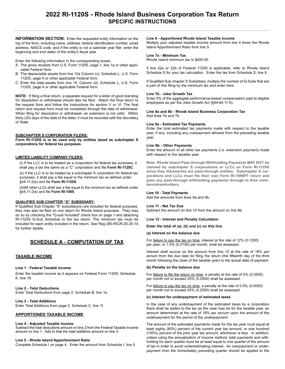 Download Instructions for Form RI-1120S Rhode Island Business ...