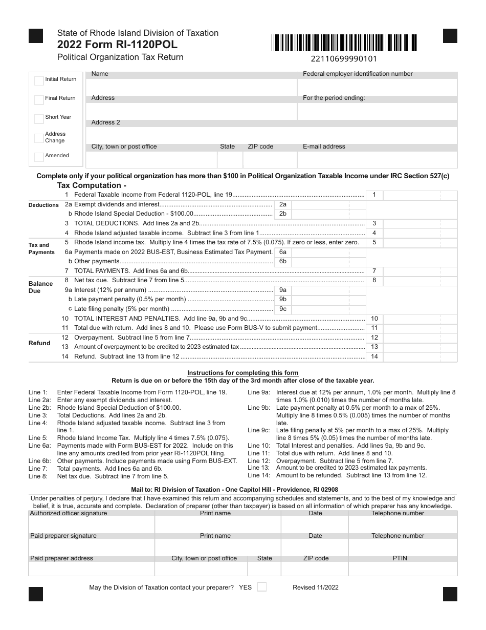 Form RI-1120POL Download Fillable PDF or Fill Online Political Organization Tax Return - 2022 ...