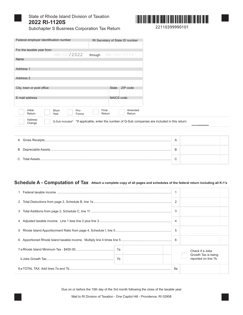 Form RI-1120S - 2022 - Fill Out, Sign Online and Download Fillable PDF ...