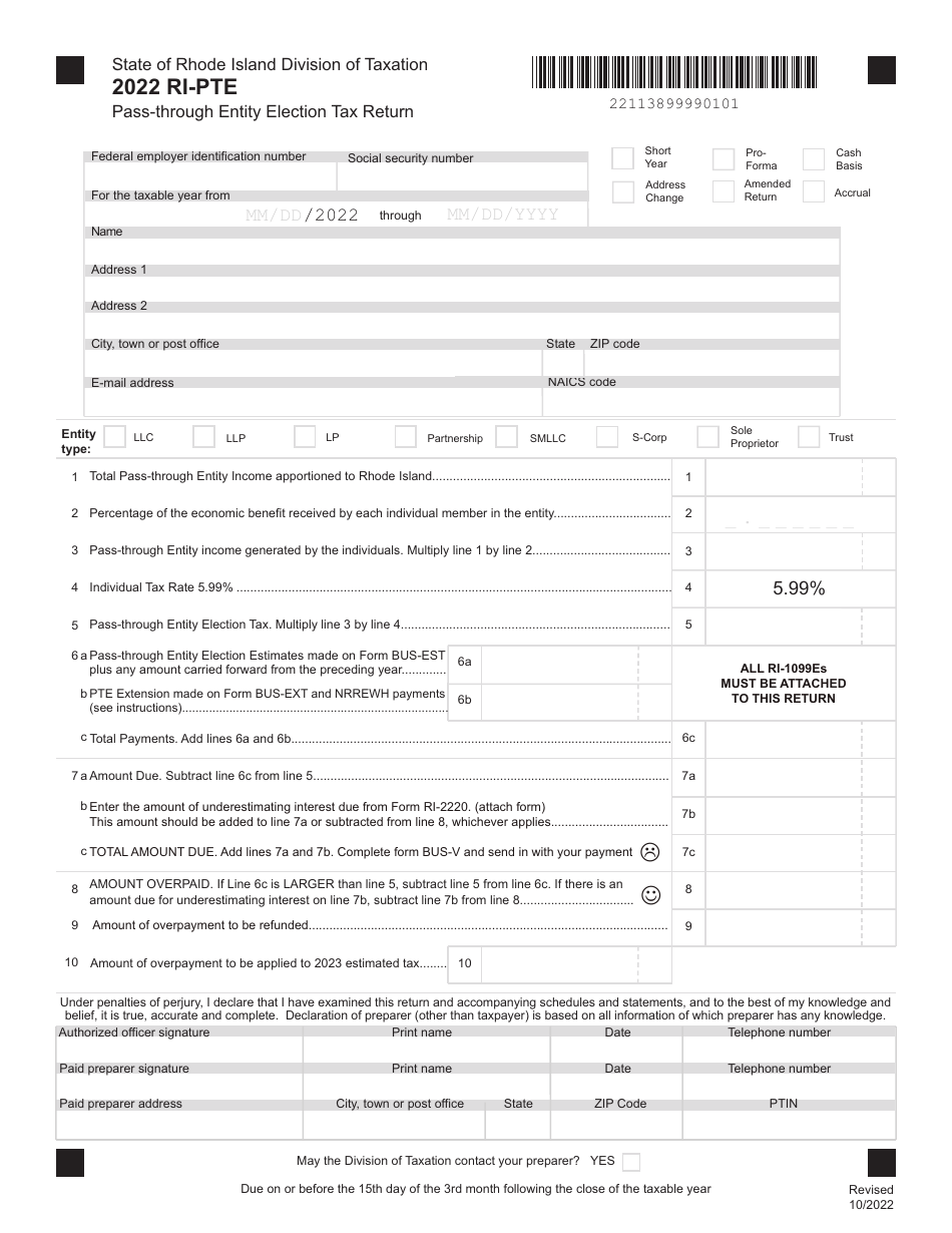 Form RI-PTE - 2022 - Fill Out, Sign Online and Download Fillable PDF, Rhode Island | Templateroller