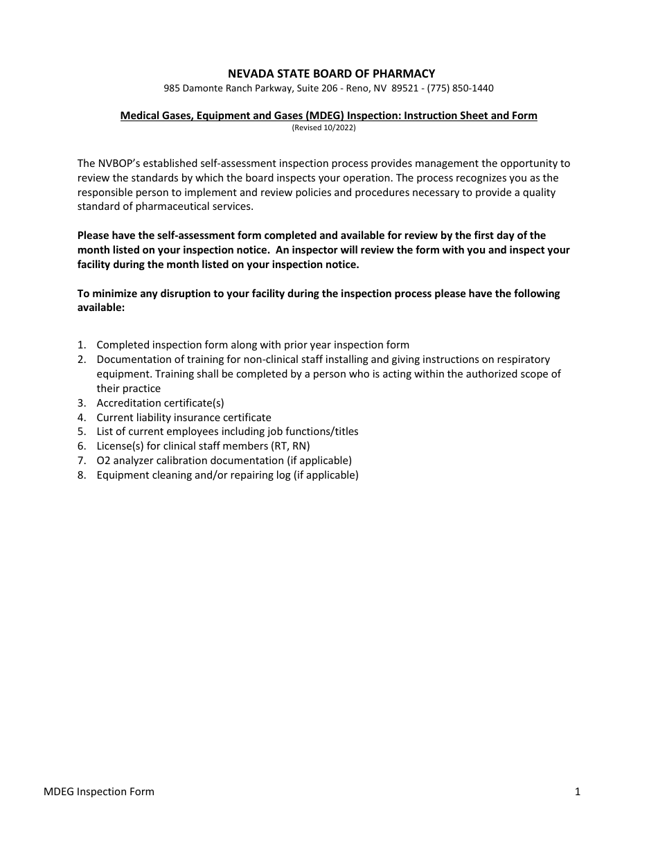 Nevada Medical Gases, Equipment and Gases (Mdeg) Inspection Form - Fill ...