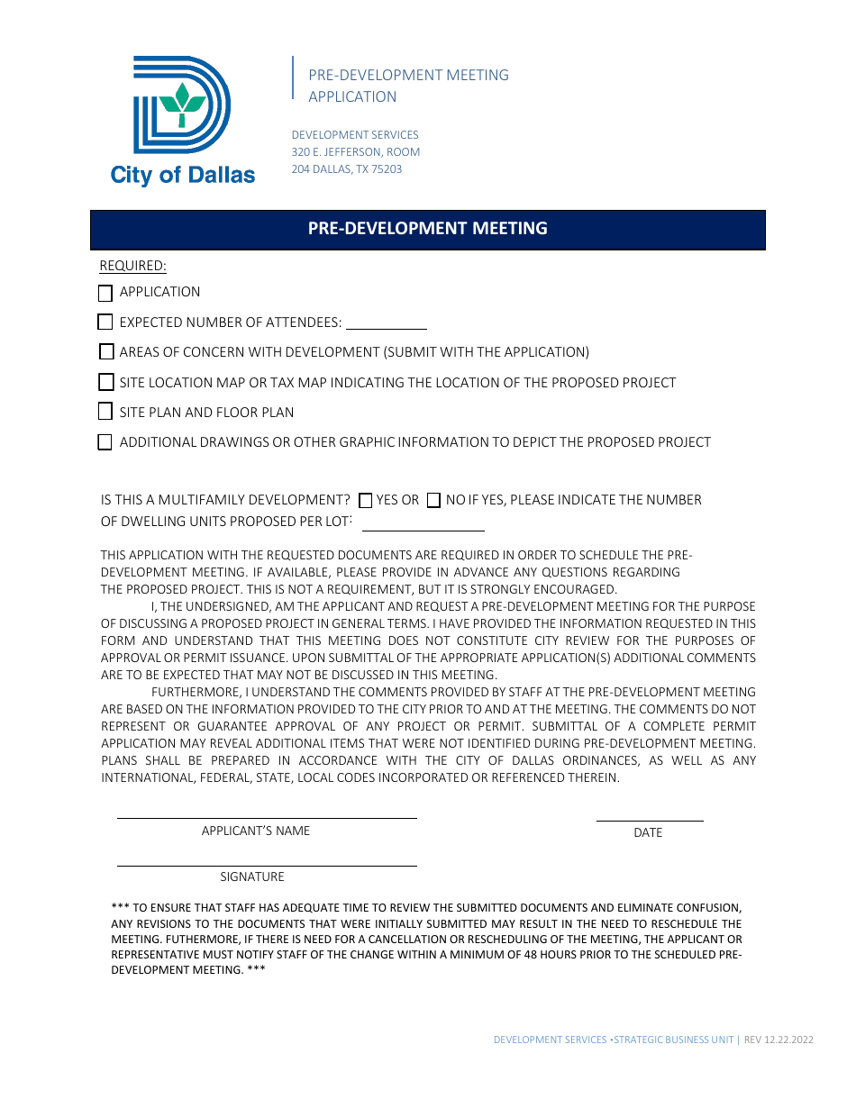 City of Dallas, Texas Pre-development Meeting Application Download ...