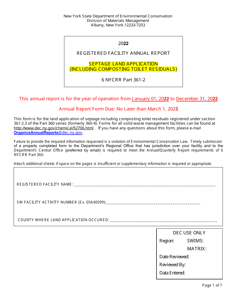 2022 New York Registered Facility Annual Report - Septage Land Application (Including Composting ...