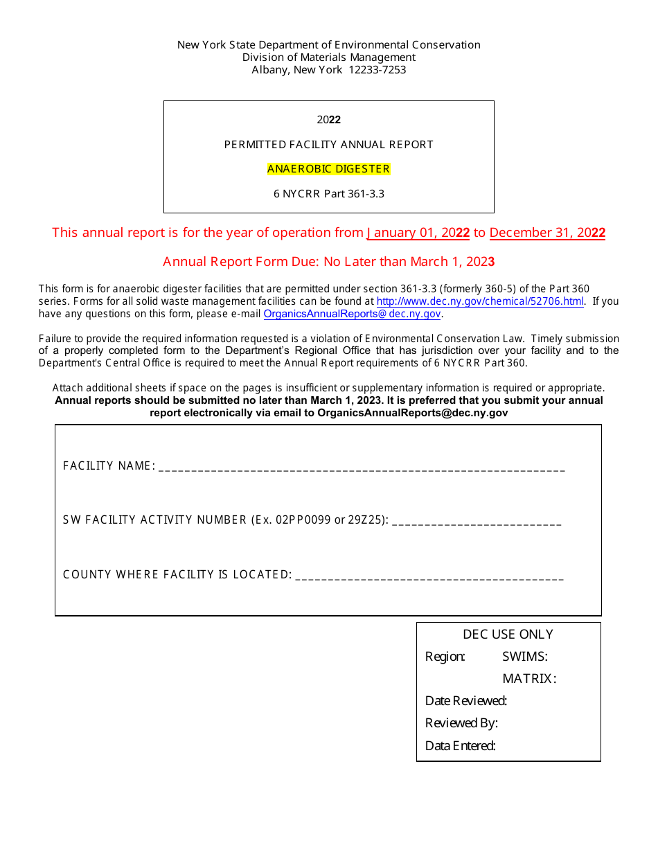 2022 New York Permitted Facility Annual Report - Anaerobic Digester ...
